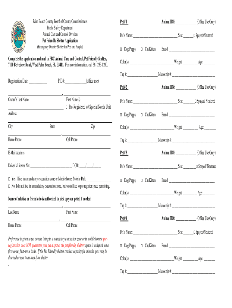 Fillable Online Public Safety - Animal Care Pet Friendly Shelter Form ...