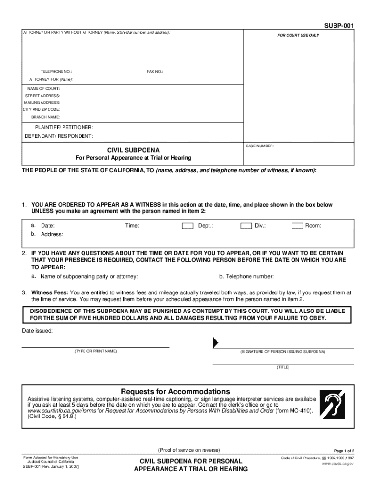 Fillable Online courtinfo ca SUBP-001 CIVIL SUBPOENA FOR ...