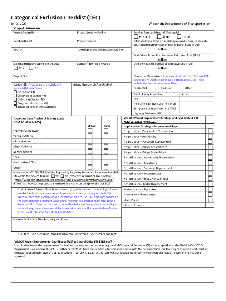Fillable Online Categorical Exclusion Checklist Template Fax Email ...