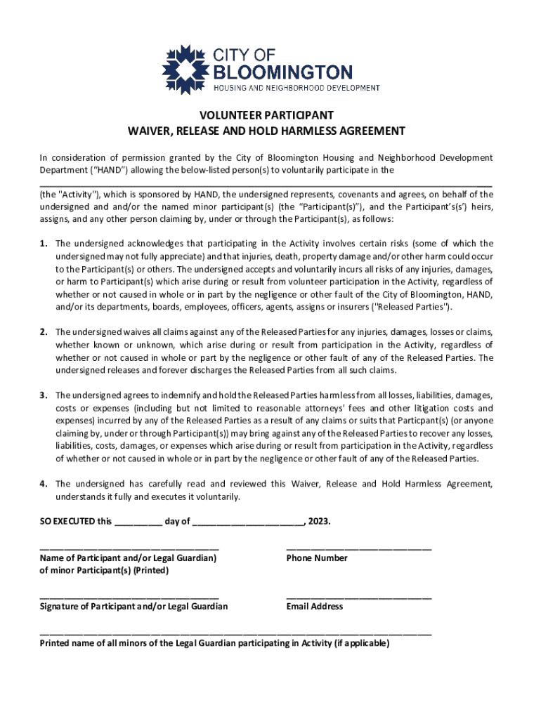 Fillable Online bloomington in volunteer participant waiver, release and hold harmless agreement ...