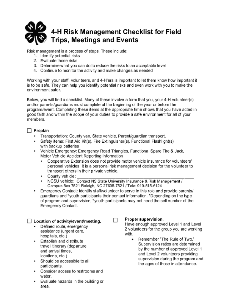 Fillable Online nc4h ces ncsu Risk Management Tip Sheet and Checklist ...