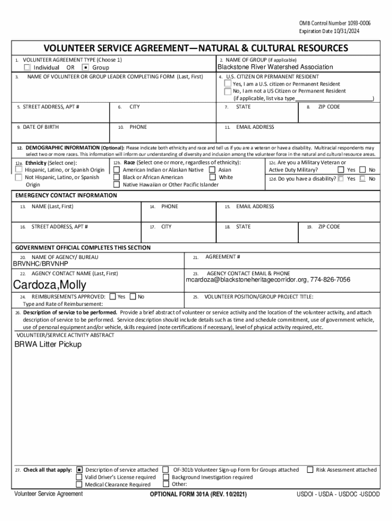 Fillable Online Instructions for Completing Volunteer Service Agreement ...