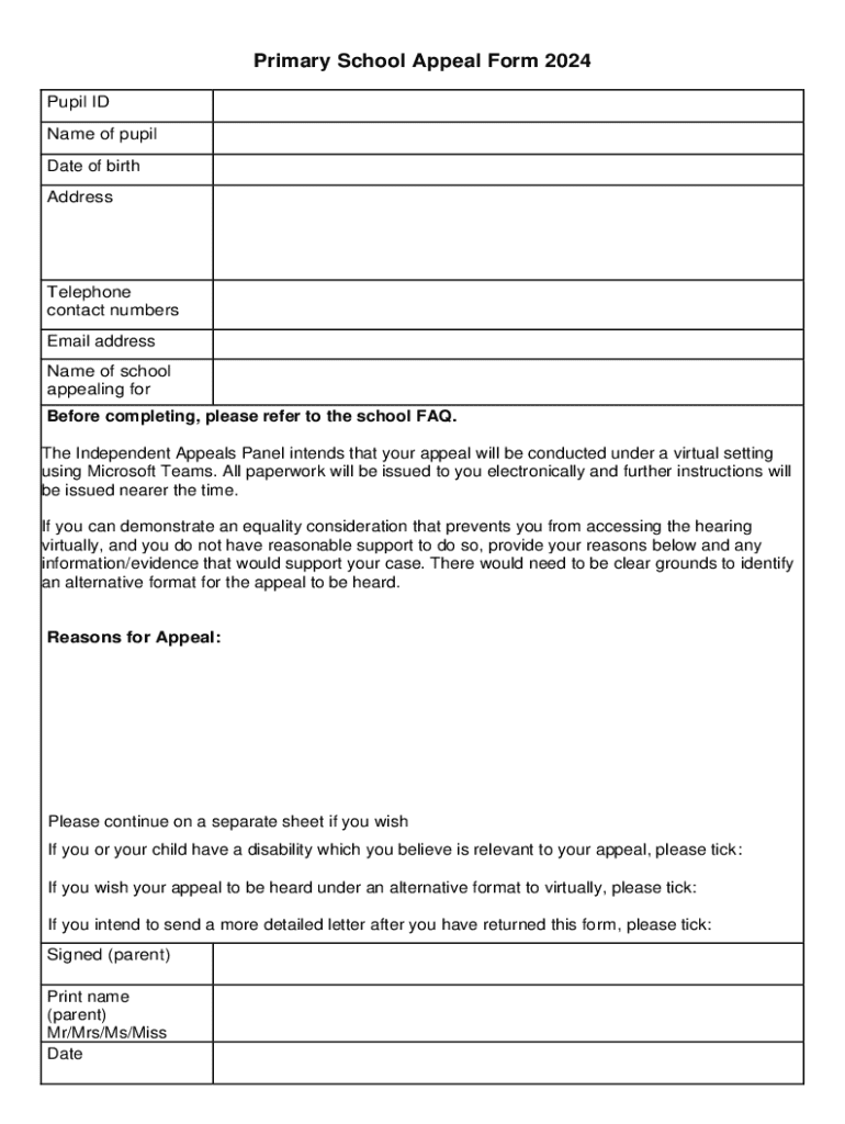 Fillable Online Secondary School Appeal Form 2024 Pupil ID Name of ...