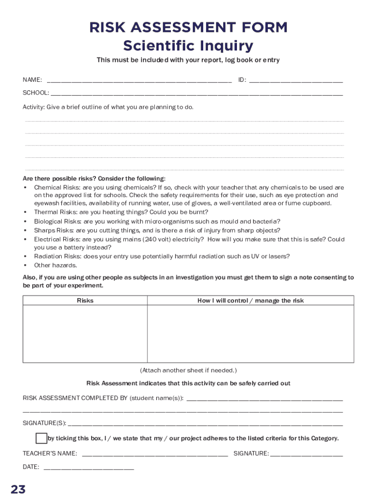 Fillable Online RISK ASSESSMENT FORM Scientific Inquiry Fax Email Print - pdfFiller