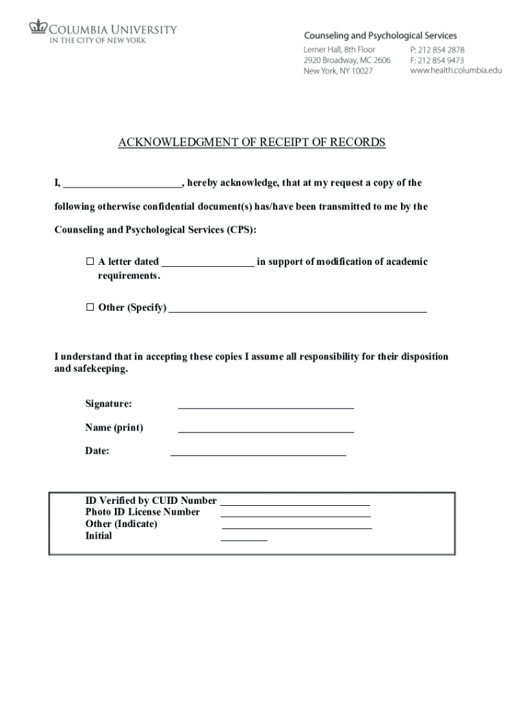 Fillable Online CPS-EHR 1 FORM 1 Acknowledgement of Receipt of Records ...