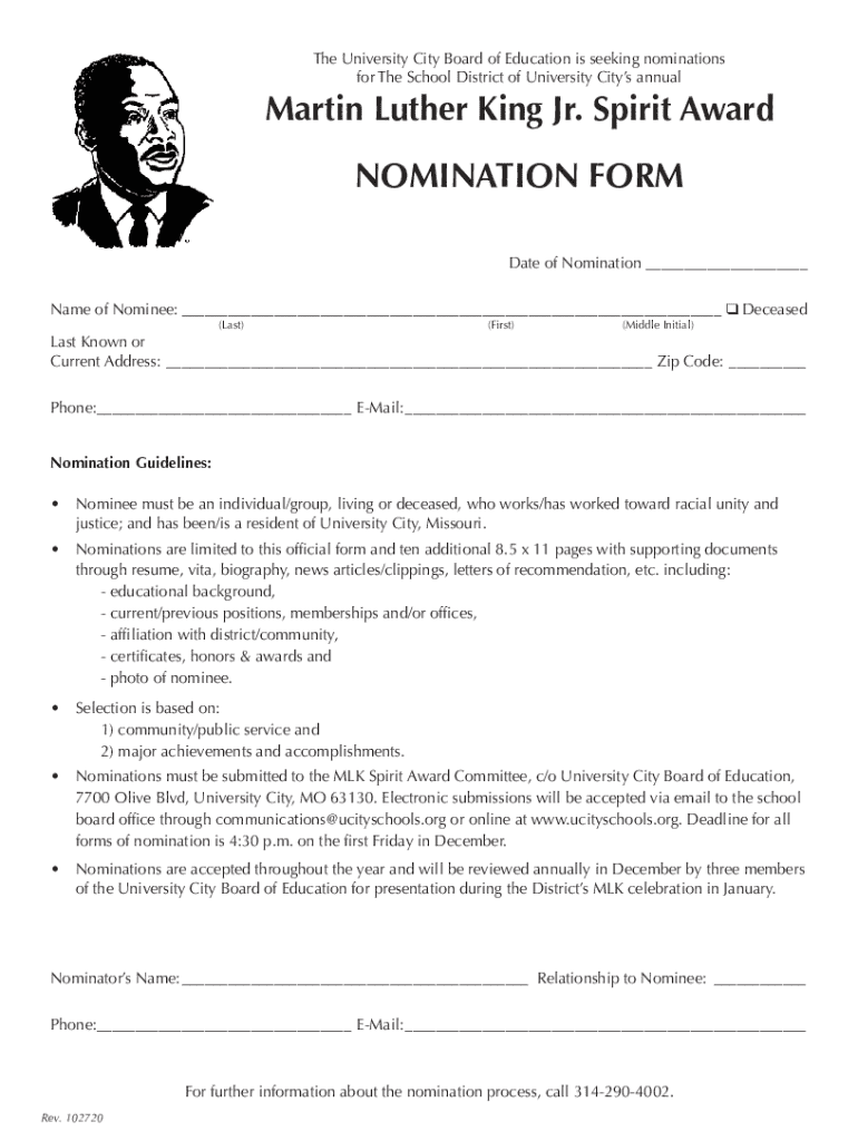 Fillable Online Martin Luther King Jr. Spirit Award NOMINATION FORM Fax ...