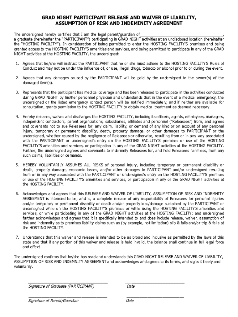 Fillable Online grad night participant release and waiver of liability, ... Fax Email Print ...