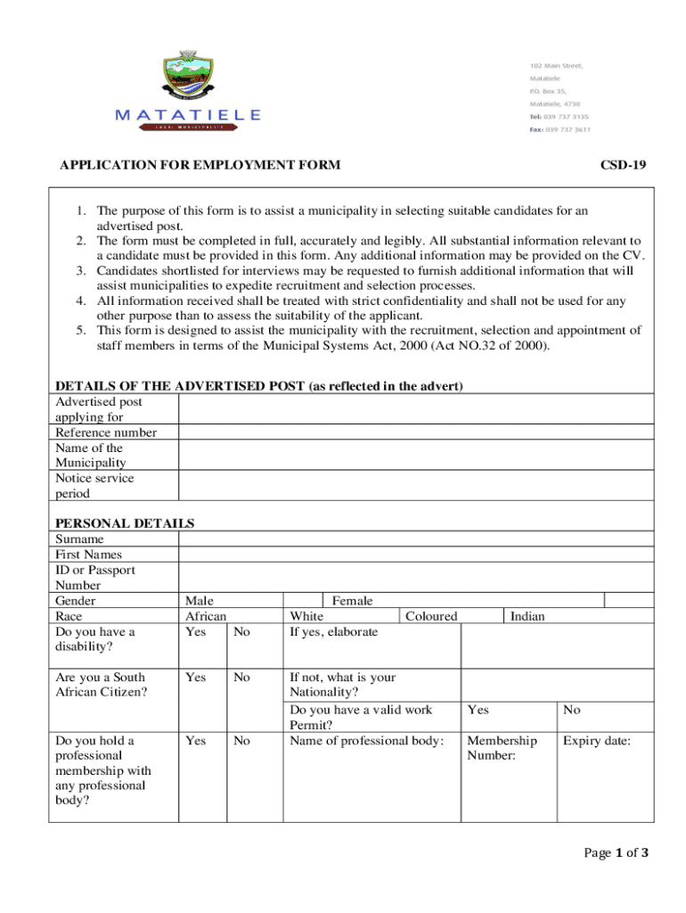 Fillable Online Page 1 of 3 APPLICATION FOR EMPLOYMENT FORM ... Fax Email Print - pdfFiller