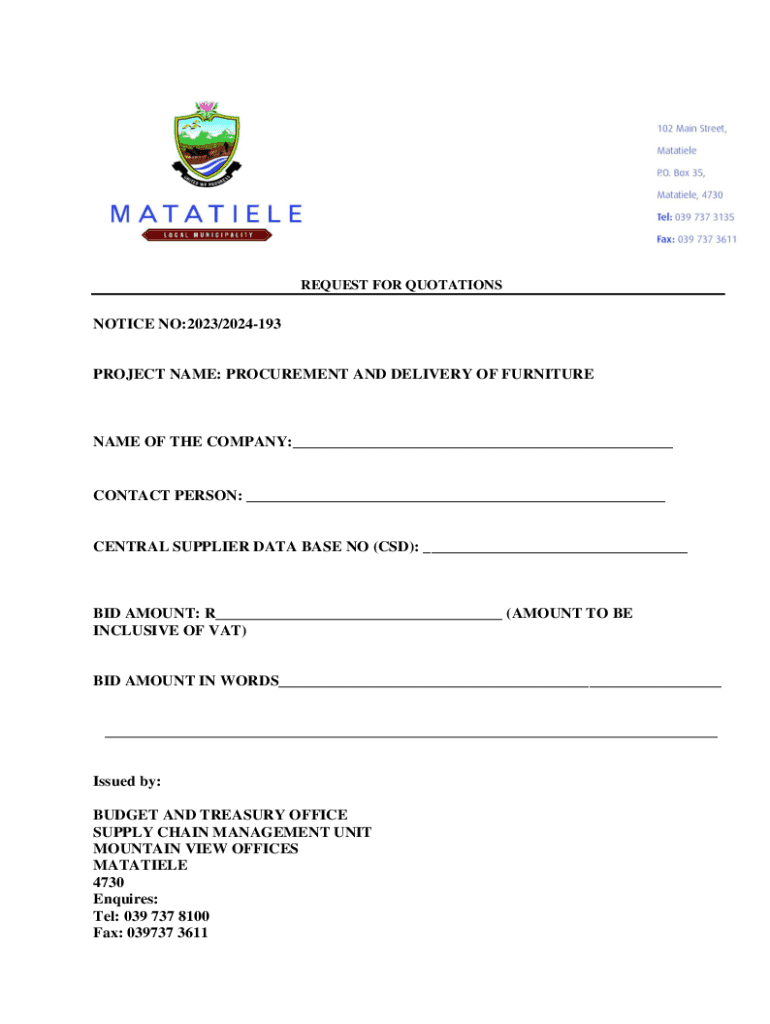 Fillable Online PROJECT NAME: PROCUREMENT AND DELIVERY OF FURNITURE Fax Email Print - pdfFiller