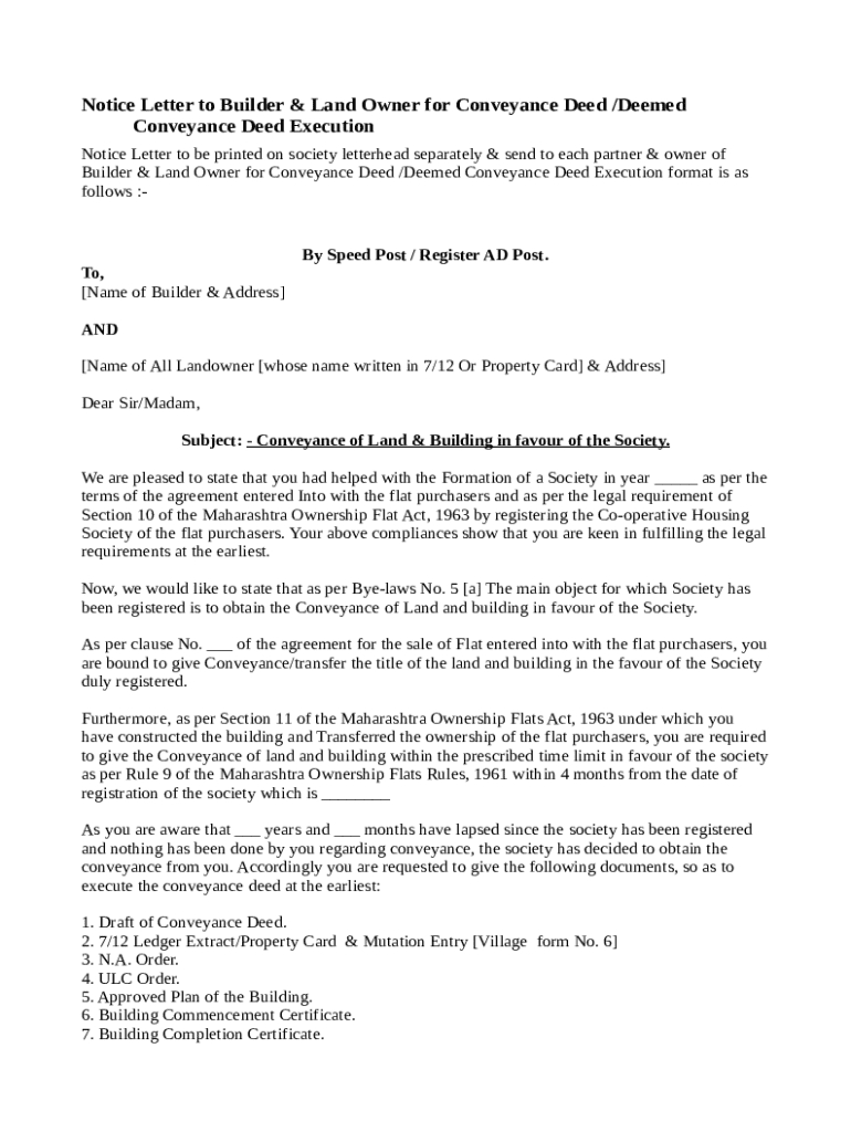 Notice Letter to Builder & Land Owner for Conveyance Deed ... Doc ...