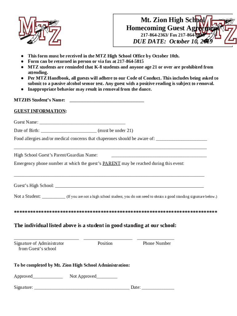 Mt. Zion High School Homecoming Guest Agreement Doc Template | pdfFiller