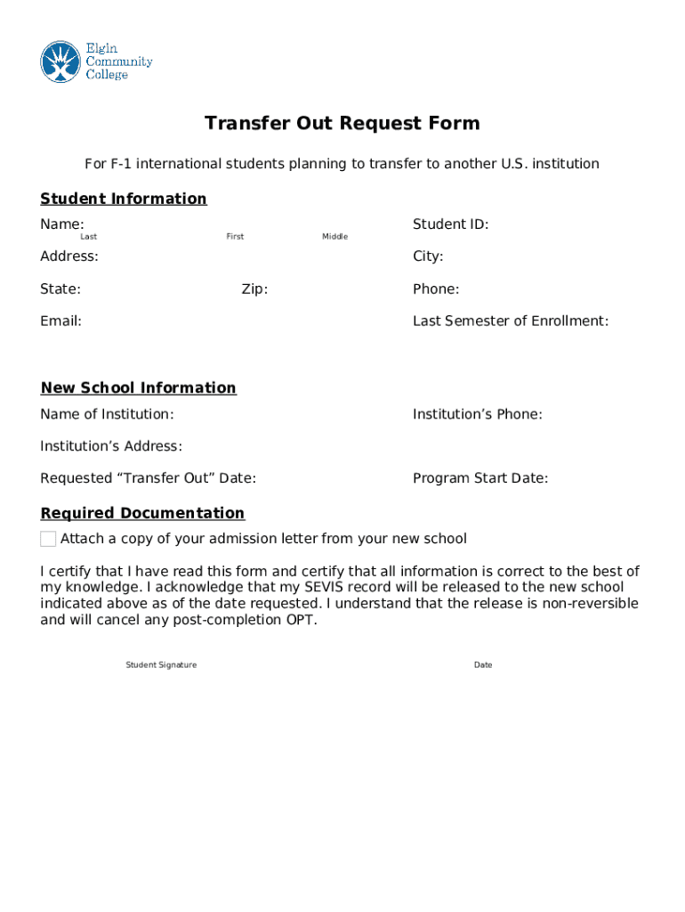 F-1 STUDENT INITIAL TRANSFER OUT REQUEST Doc Template | pdfFiller