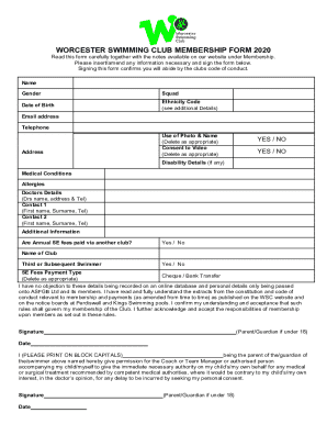 Fillable Online WORCESTER SWIMMING CLUB MEMBERSHIP FORM 2020 Fax Email ...