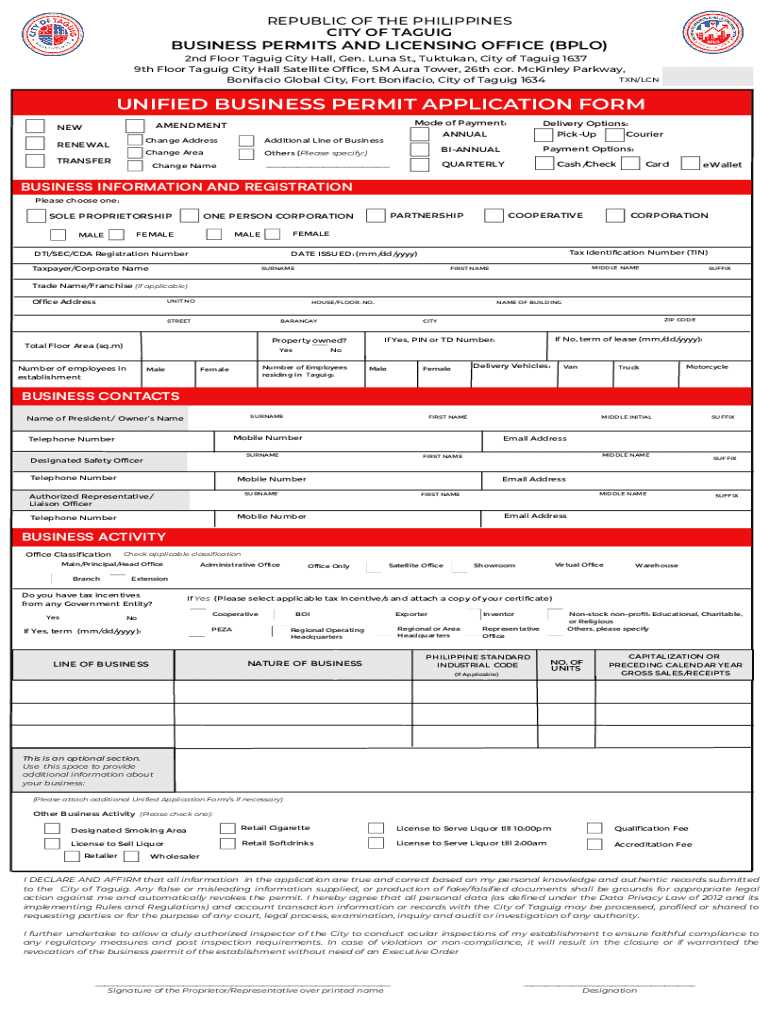 Fillable Online City of Taguig: Business Permit Application FormPDF Fax ...