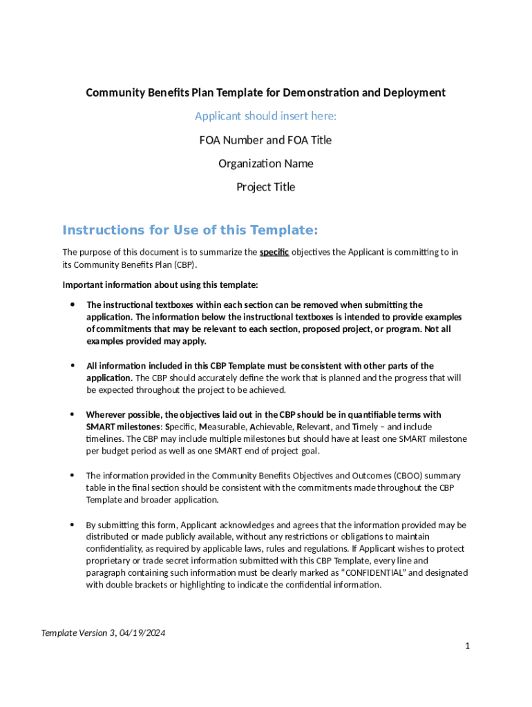 Community Benefits Plan (CBP) Template Doc Template | pdfFiller