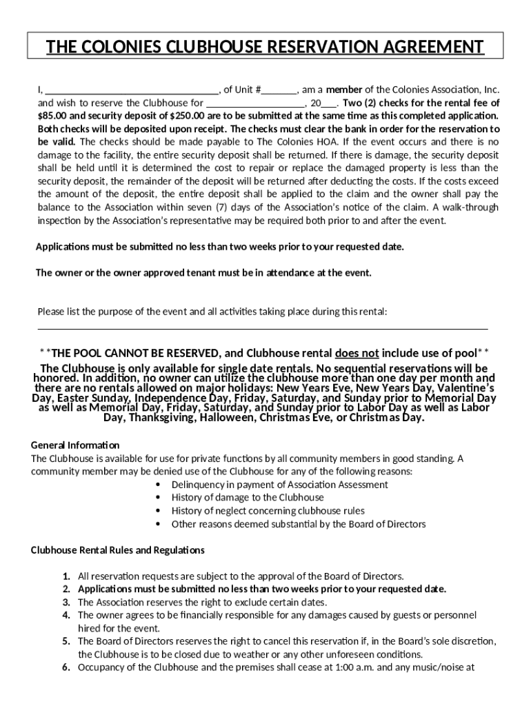 Stagecoach Clubhouse Reservation Agreement Doc Template | pdfFiller
