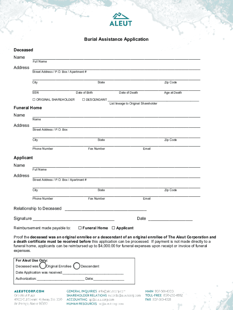 Fillable Online The Aleut Corporation Burial Assistance Application Fax ...