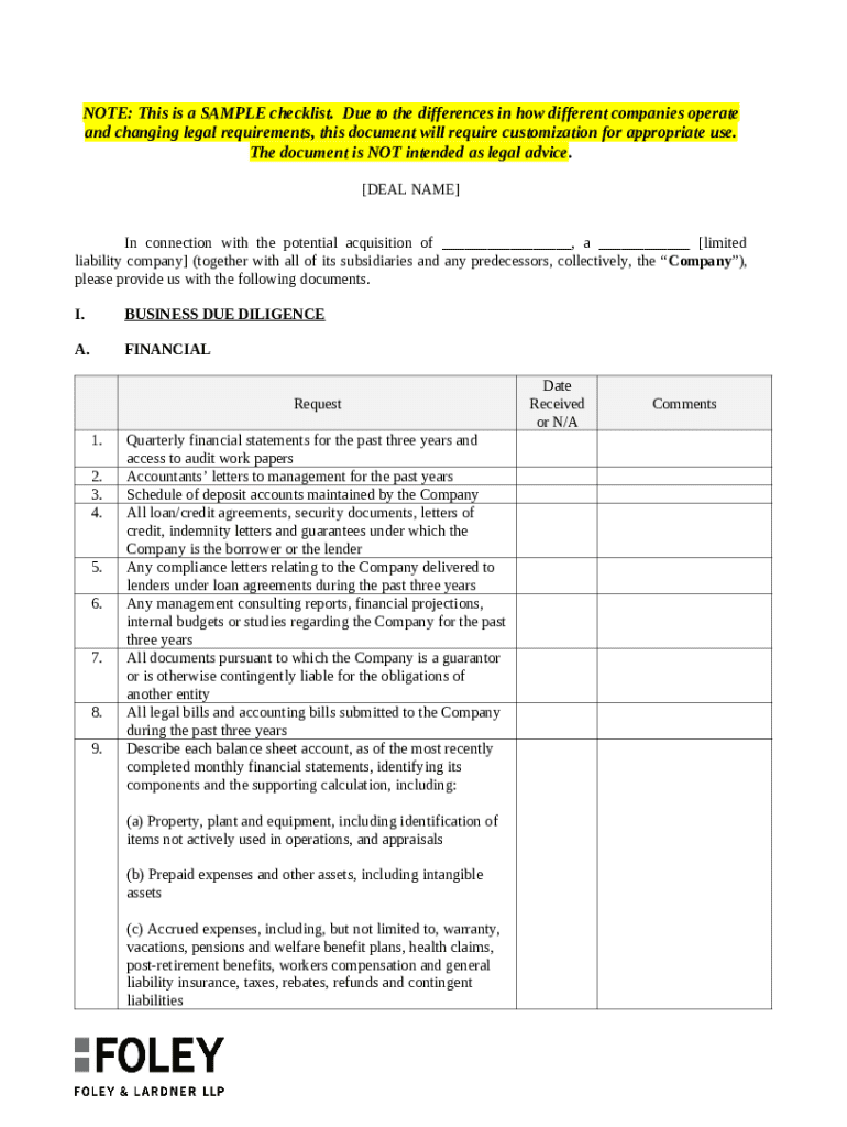 Free Due Diligence Templates and Checklists Doc Template | pdfFiller
