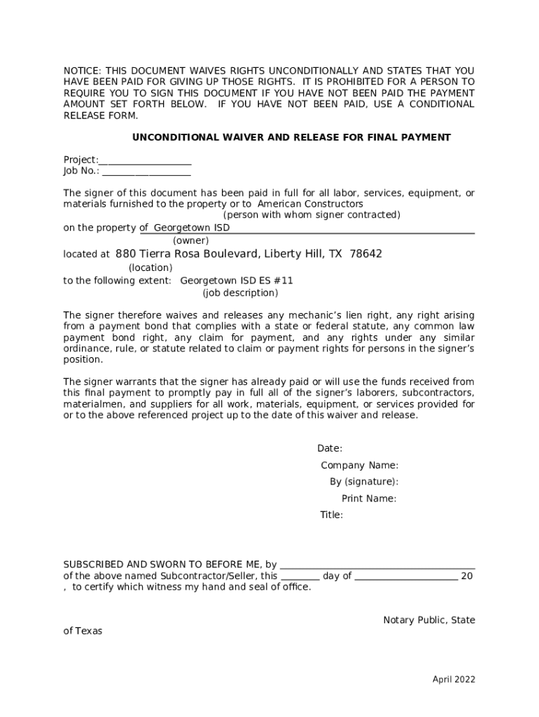 949-Unconditional Final Waiver - State Doc Template | pdfFiller