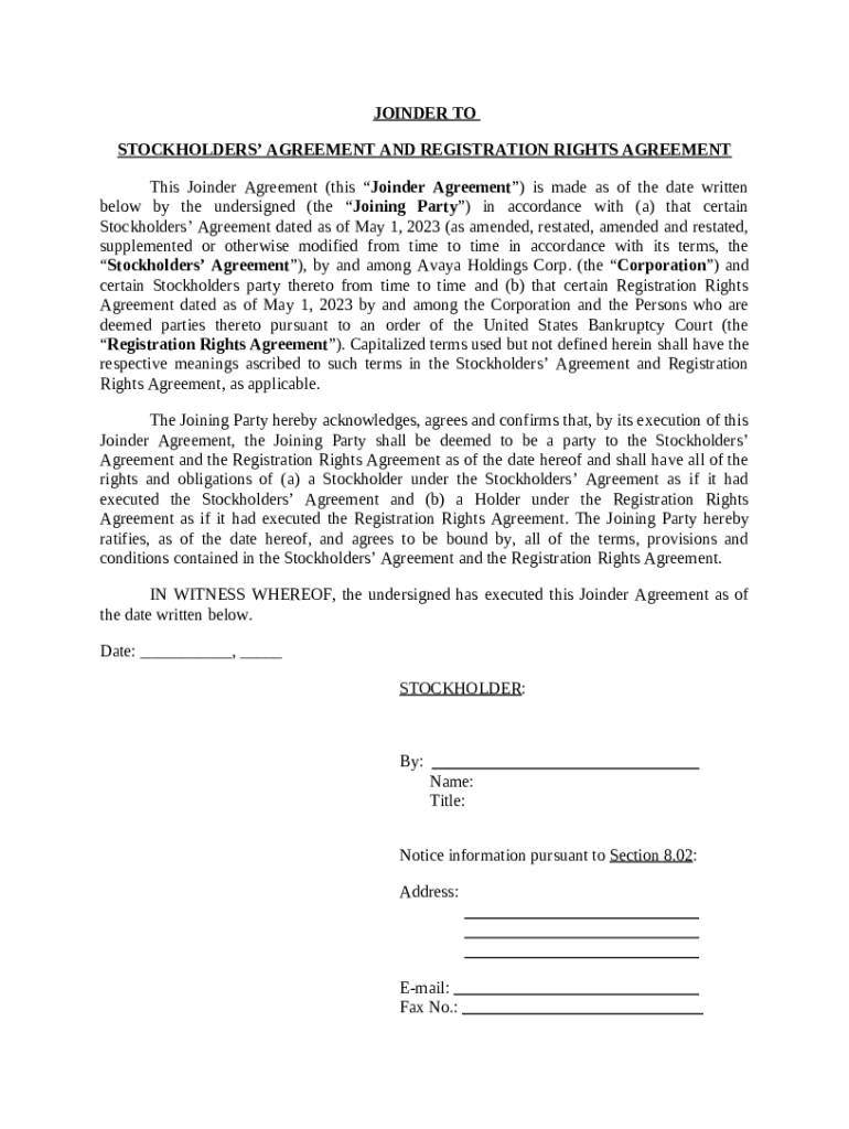 Joinder to Stockholders Agreement Sample Clauses Doc Template | pdfFiller
