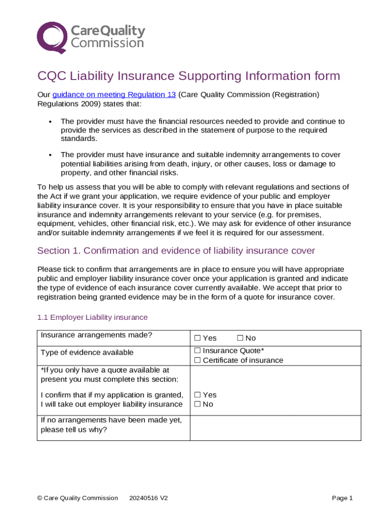 CQC Liability Insurance Supporting Ination Doc Template | pdfFiller
