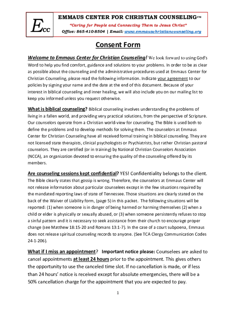 Fillable Online Consent Form - Emmaus Christian Counseling Fax Email ...