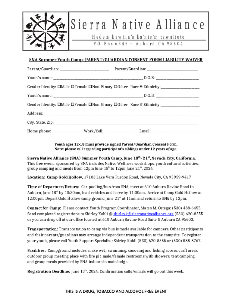SNA Summer Youth Camp- PARENT/GUARDIAN CONSENT LIABILITY WAIVER Doc ...