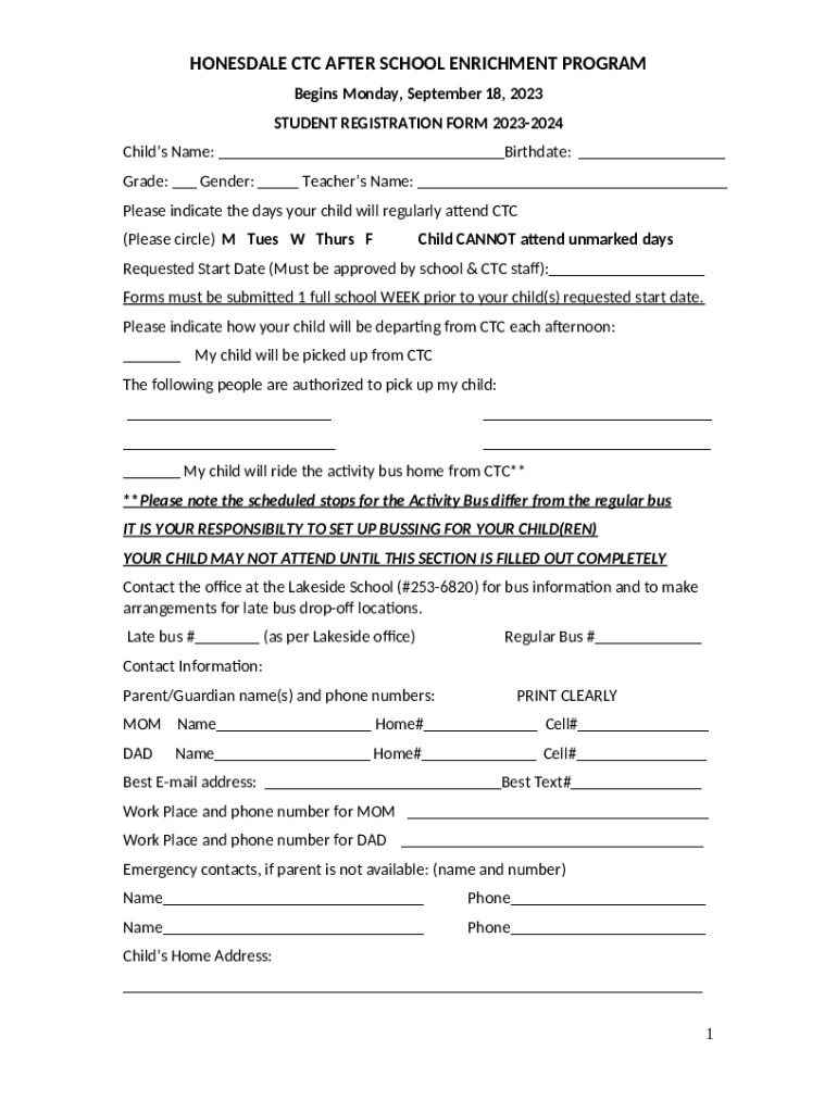 HONESDALE CTC AFTER SCHOOL ENRICHMENT PROGRAM- Doc Template | pdfFiller