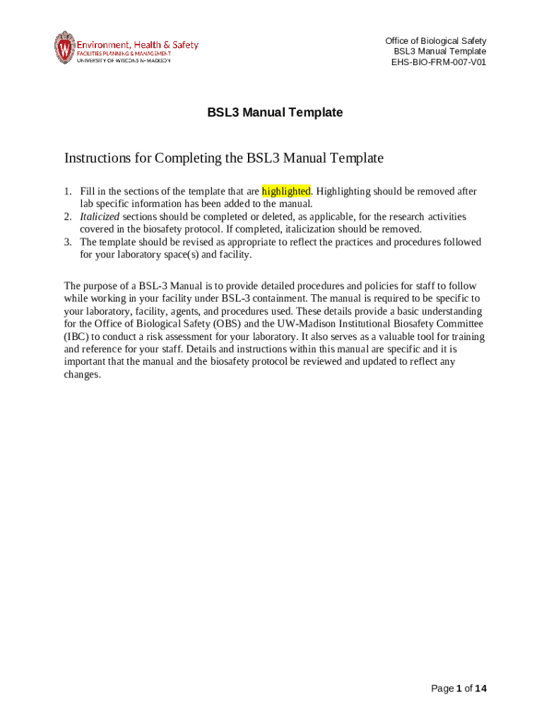 Biological Safety Level 3 Manual (BSL-3) - ehs wisc Doc Template ...