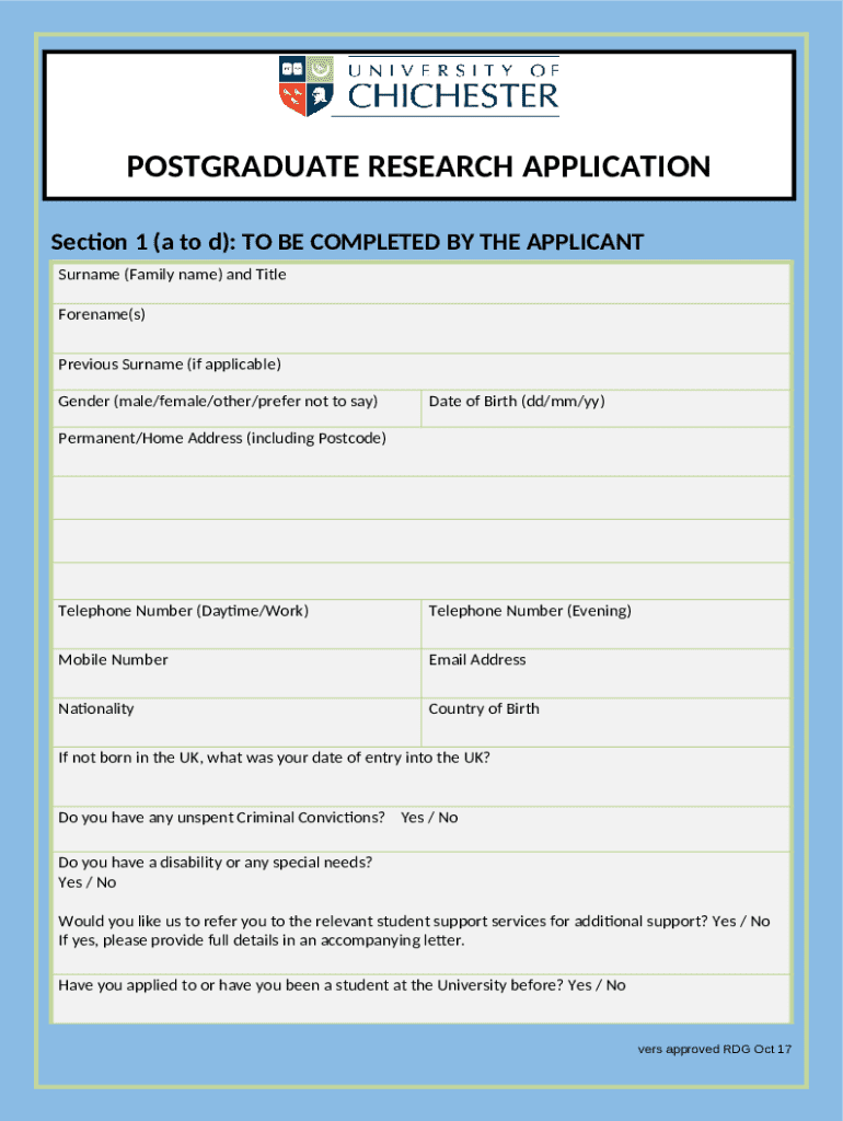 POSTGRADUATE RESEARCH APPLICATION Section 1 (a ... Doc Template | pdfFiller