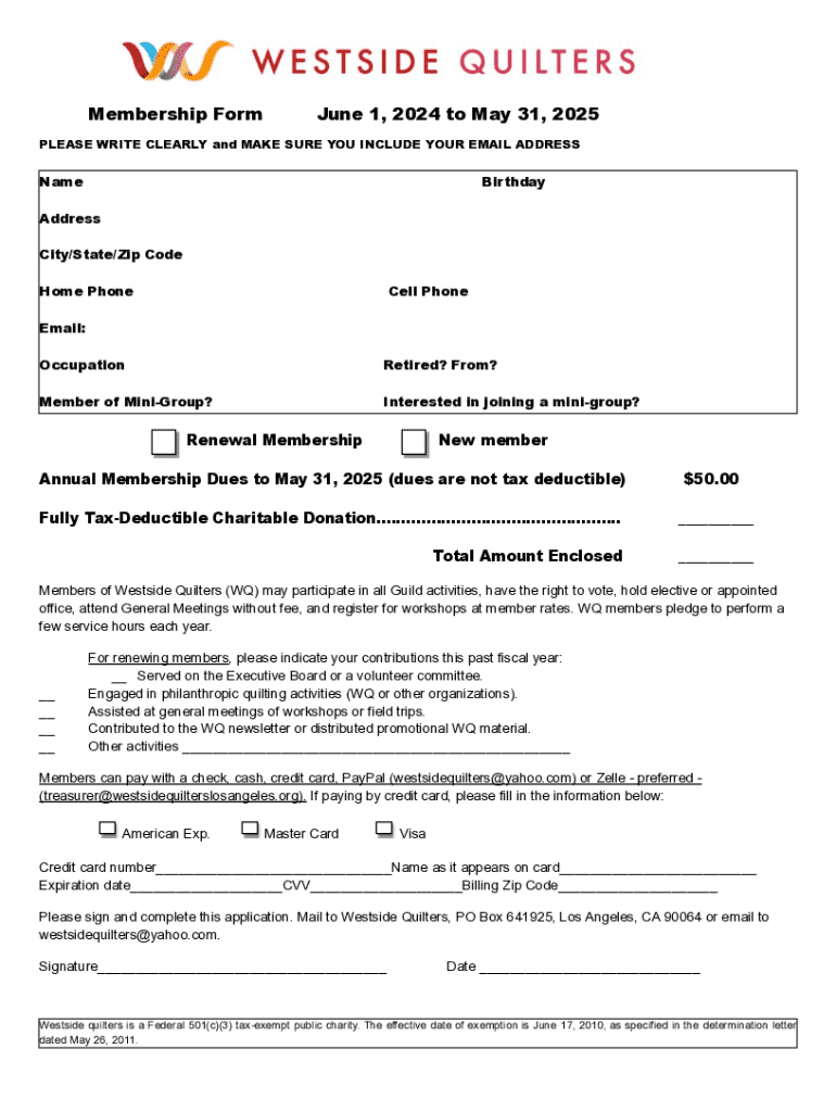 Fillable Online Membership form 2024-25 - Los Angeles - Westside Quilters Fax Email Print ...