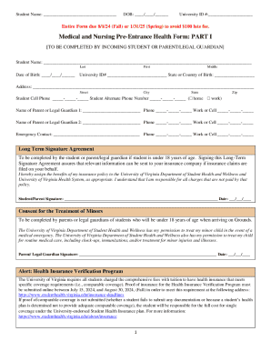 Fillable Online Medical and Nursing Pre-Entrance Health Form: PART I ...