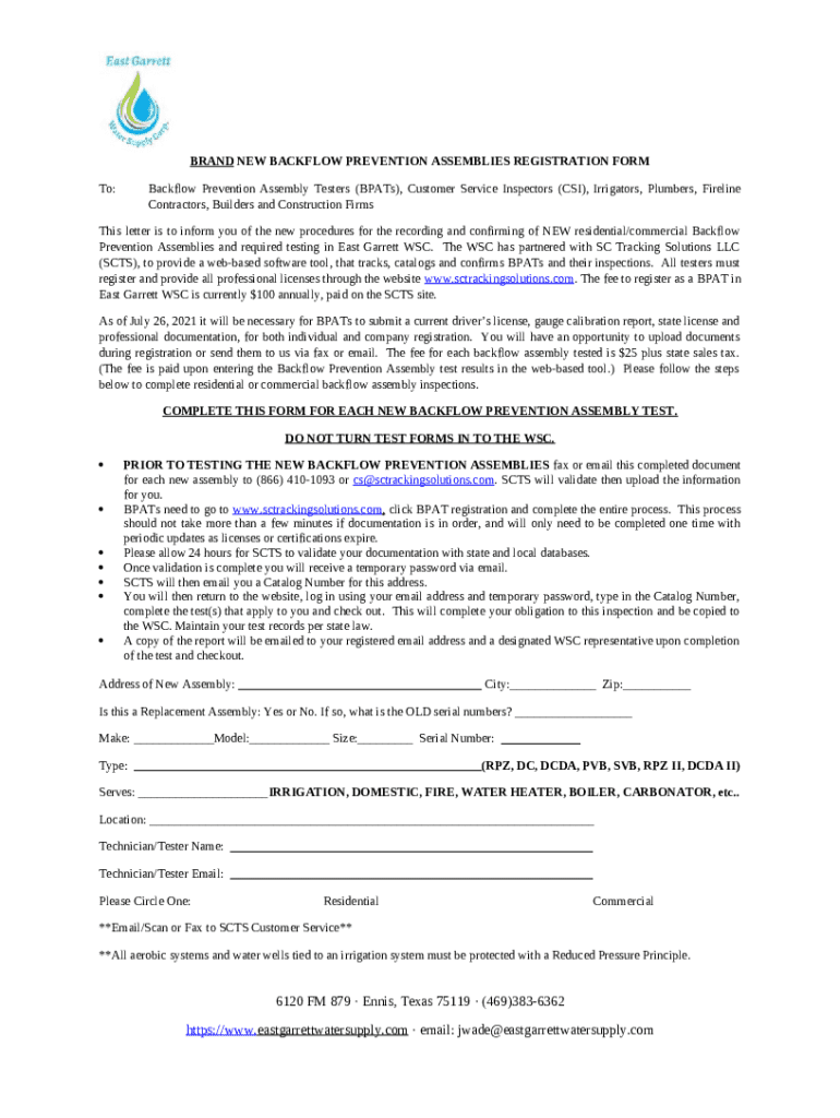 Brand new backflow prevention assemblies registration Doc Template ...