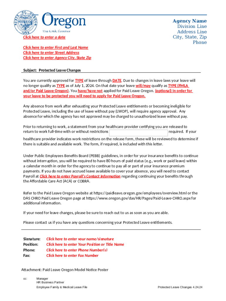 OFLA Paid Leave Change Notification Doc Template | pdfFiller