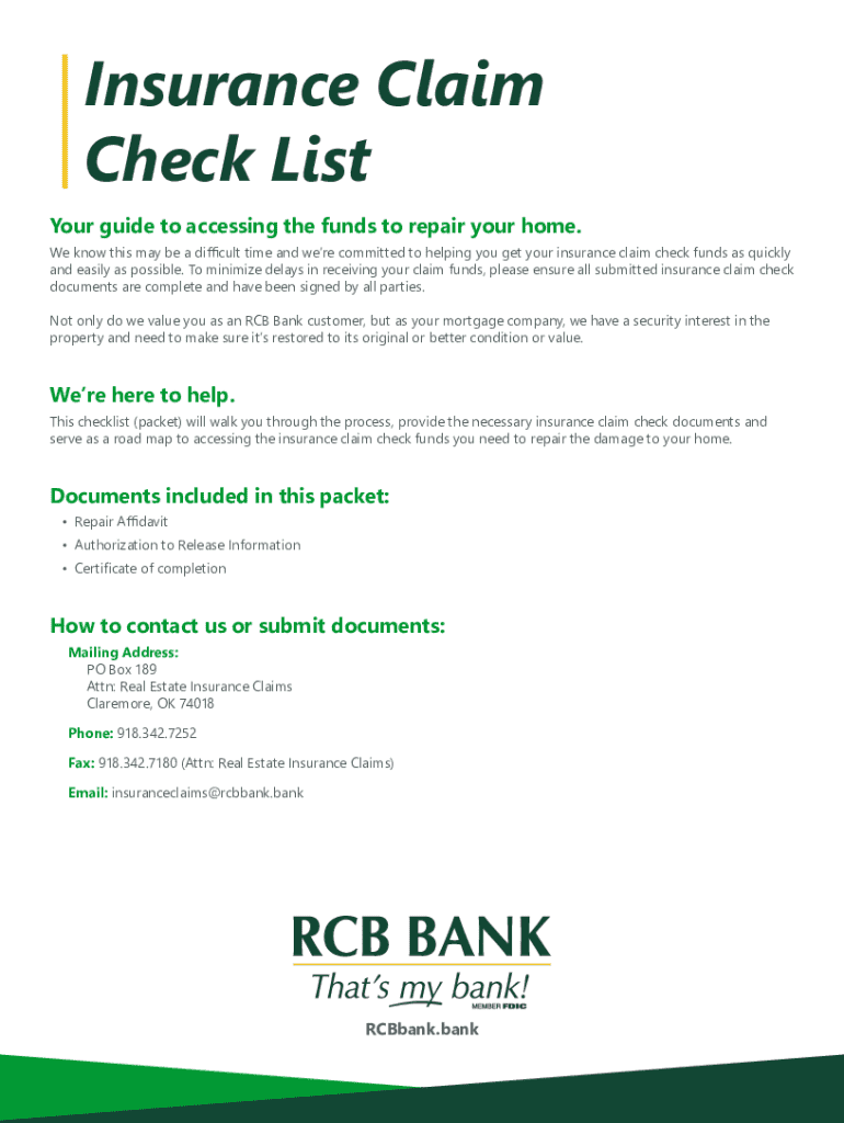 Fillable Online insurance claim check list your guide to accessing the ...