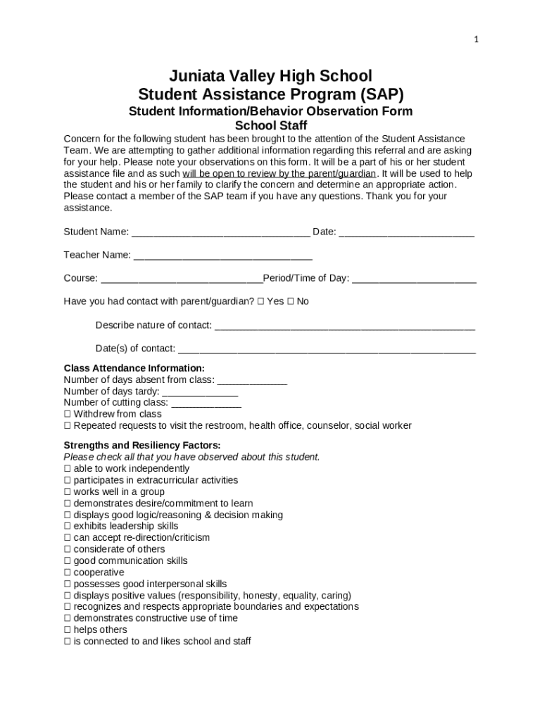 SAP Student Ination-Behavior Observation Doc Template | pdfFiller