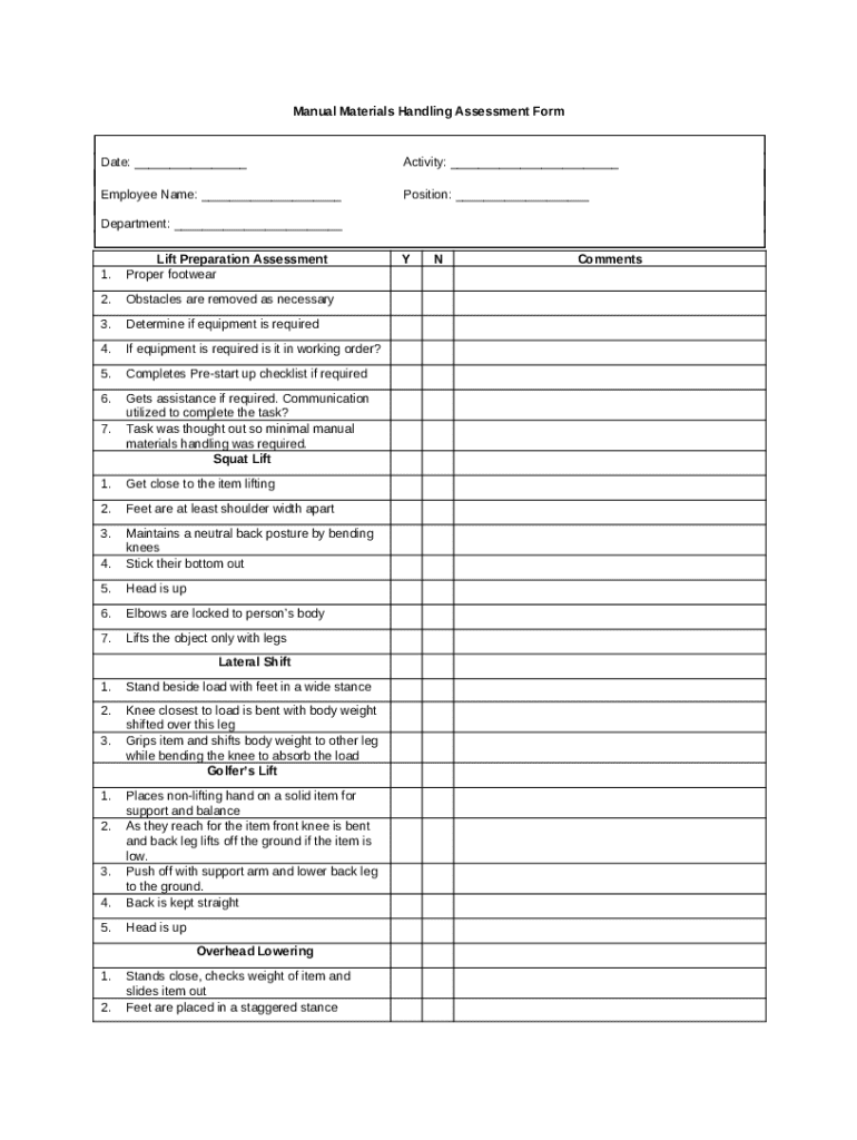 Manual Materials Handling Assessment docx. Doc Template | pdfFiller