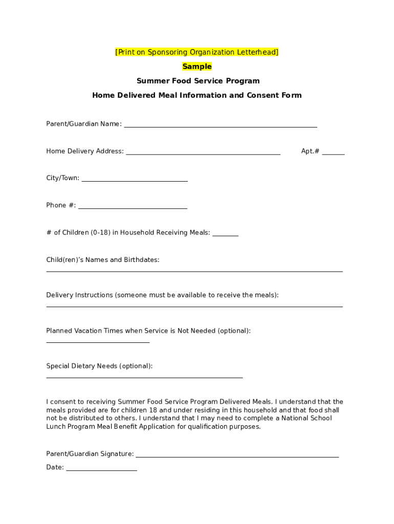 SFSP Home Delivery Statement and Parent/Guardian Pick- ... Doc Template ...