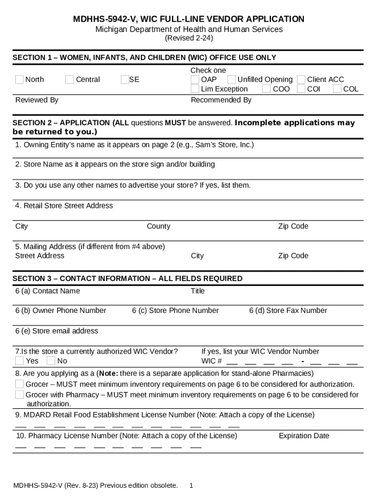 MDHHS-5942-V, WIC FULL-LINE VENDOR APPLICATION Doc Template | pdfFiller