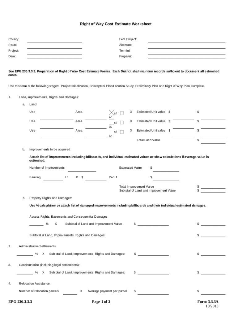 RW Cost Estimate Worksheet 3.3.3A - epg modot Doc Template | pdfFiller