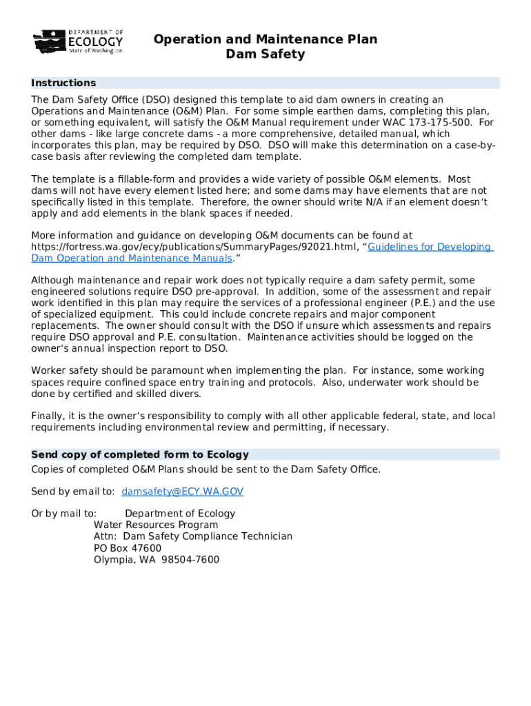 Operations & Maintenance Plan . ECY 070-39. Fill-in for dam owner. Doc ...