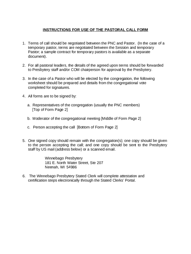 INSTRUCTIONS FOR USE OF THE PASTORAL CALL Doc Template | pdfFiller