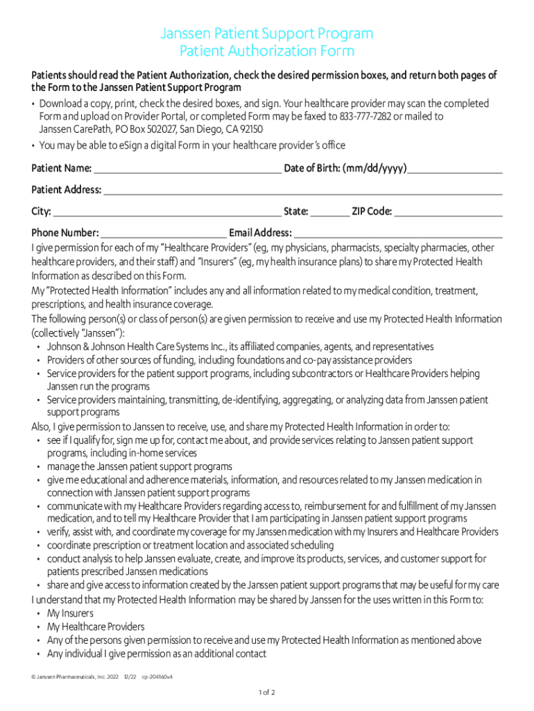 Fillable Online Janssen Patient Support Program - Patient Authorization ...