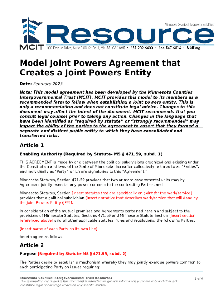 Model Joint Powers Agreement that Creates a Joint ... Doc Template ...