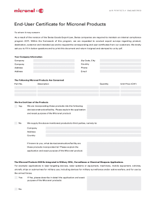Fillable Online End-User Certificate for Micronel Products Fax Email ...