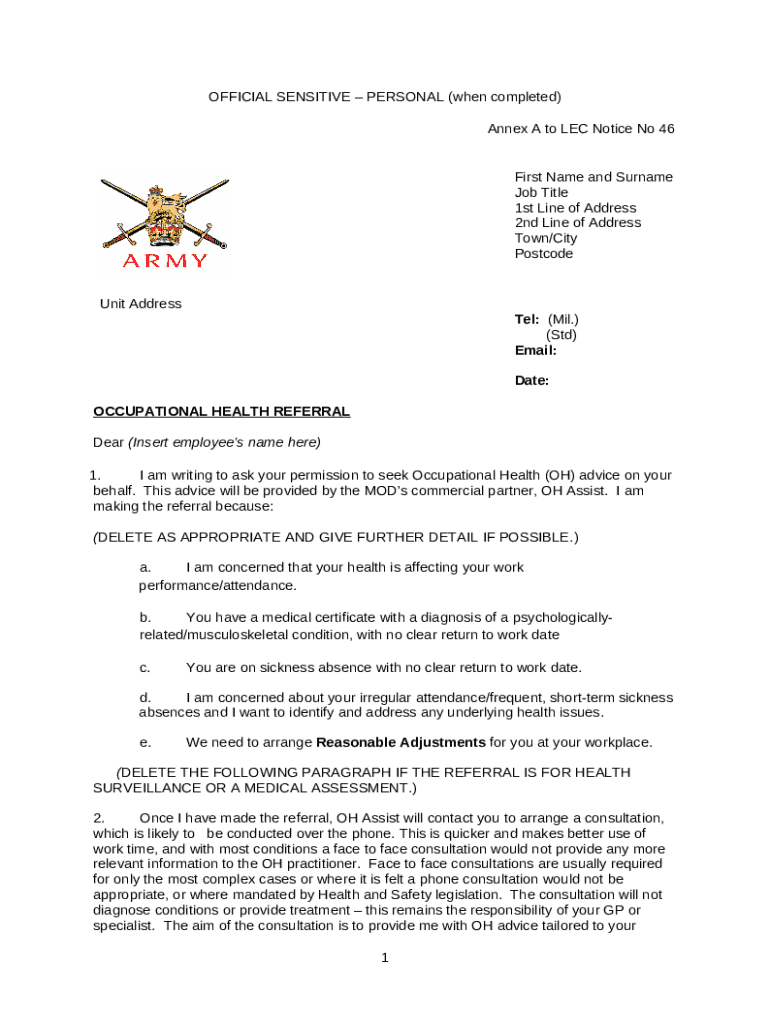Occupational Health Referral Letter Template Doc Template | pdfFiller