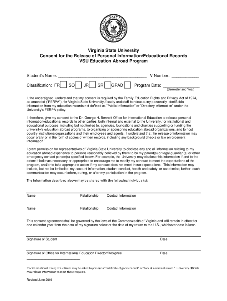Fillable Online vsu abroadoffice Virginia State University Consent for the Release of Personal ...