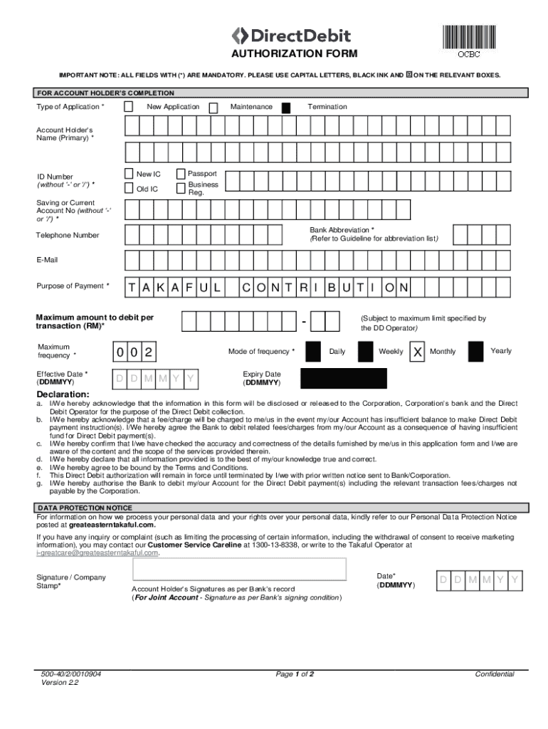 Fillable Online OCBC Direct Debit Authorisation FormCustomer ...