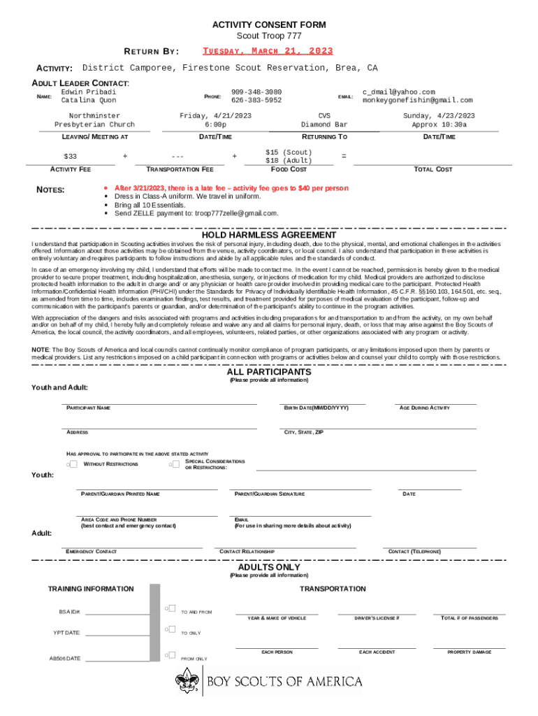 Parental Consent - Scouts BSA Troop 777Diamond Bar Doc Template | pdfFiller