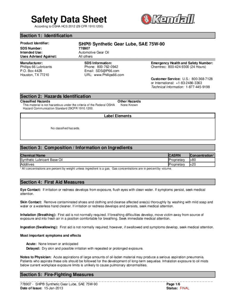 Fillable Online SHP Synthetic Gear Lube, SAE 75W-90 Fax Email Print - pdfFiller
